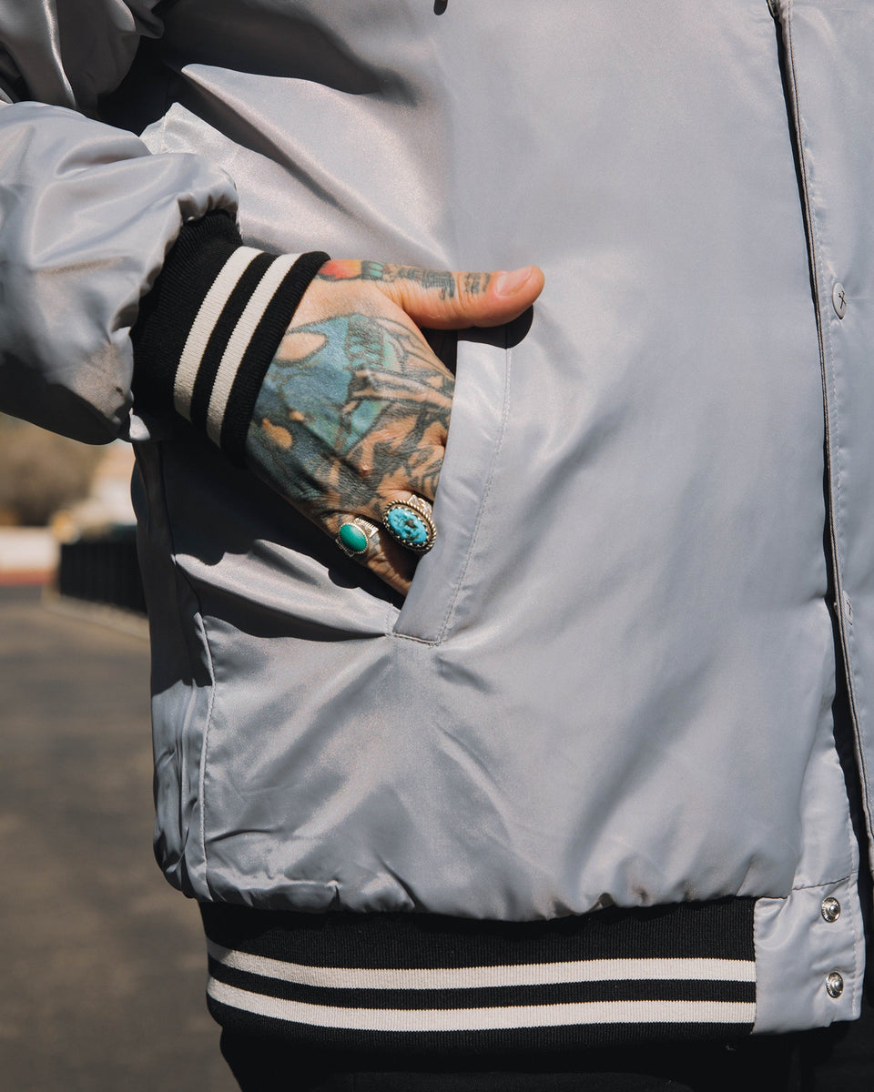 GRAY PASTIME NYLON VARSITY JACKET - MENS – Dixxon Canada